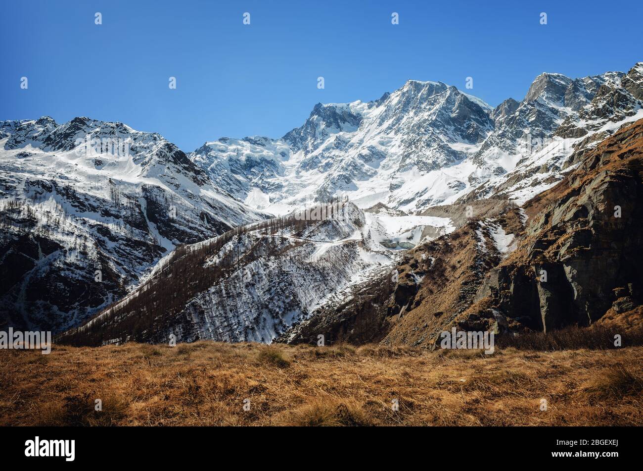 Mountain hiking path trough the massif of the Monte Rosa (Piedmont ...