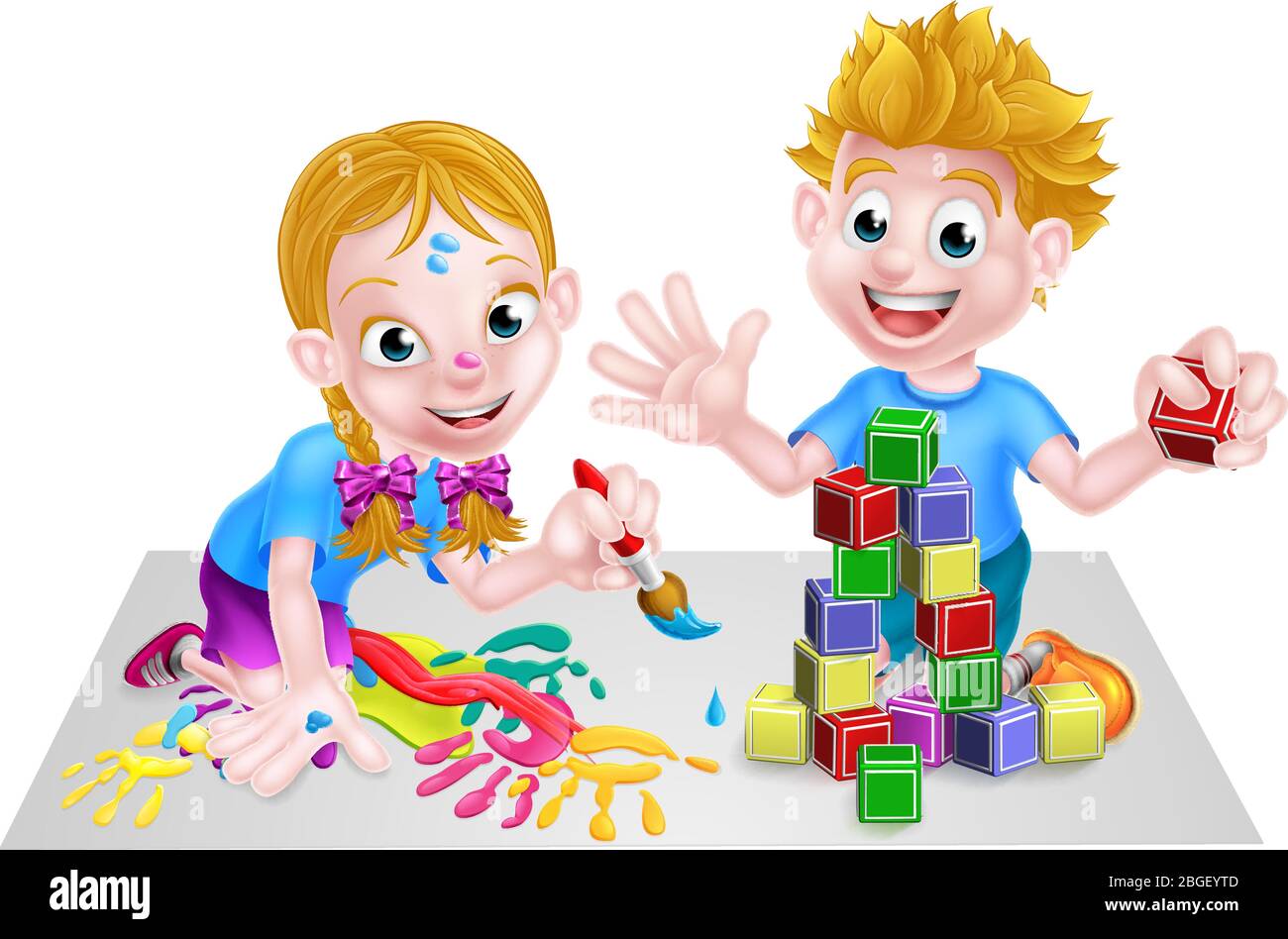 Children Playing With Building Blocks and Paint Stock Vector Image ...