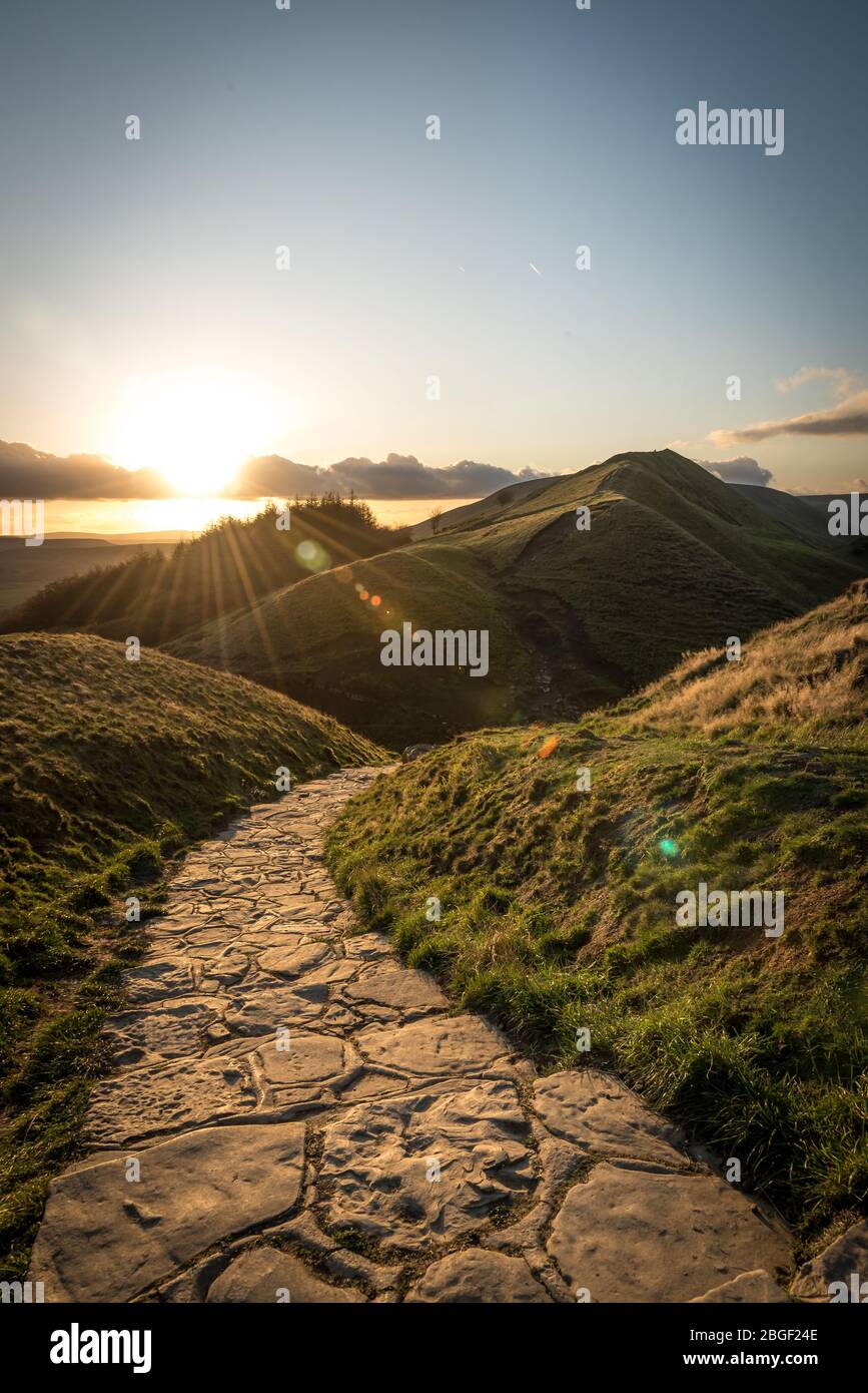 Mountain path in sunset, Man Tor, England, Europe Stock Photo - Alamy