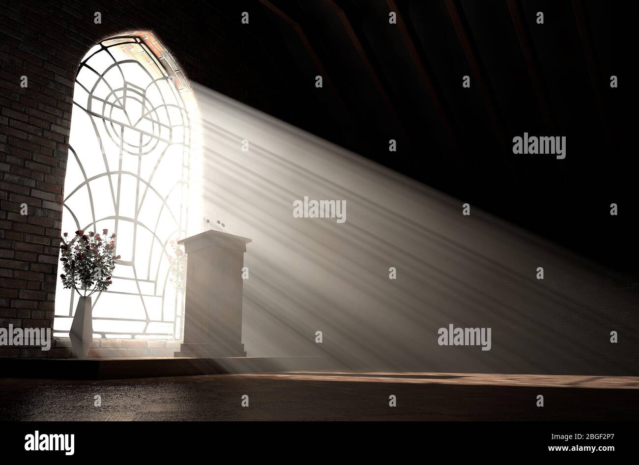 A dark church interior lit by suns rays penetrating through a glass ...