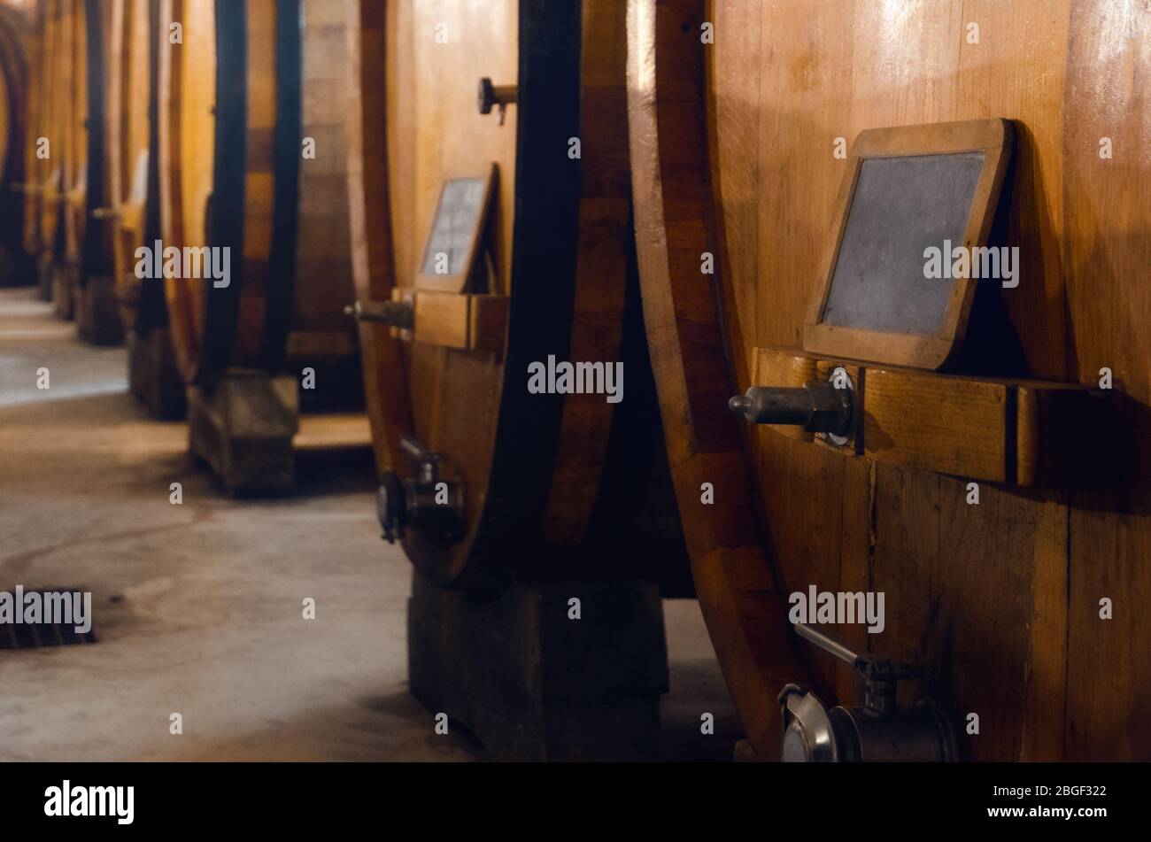 Historic cellar in Piedmont, Italy, with slavonian oak wooden barrels ...