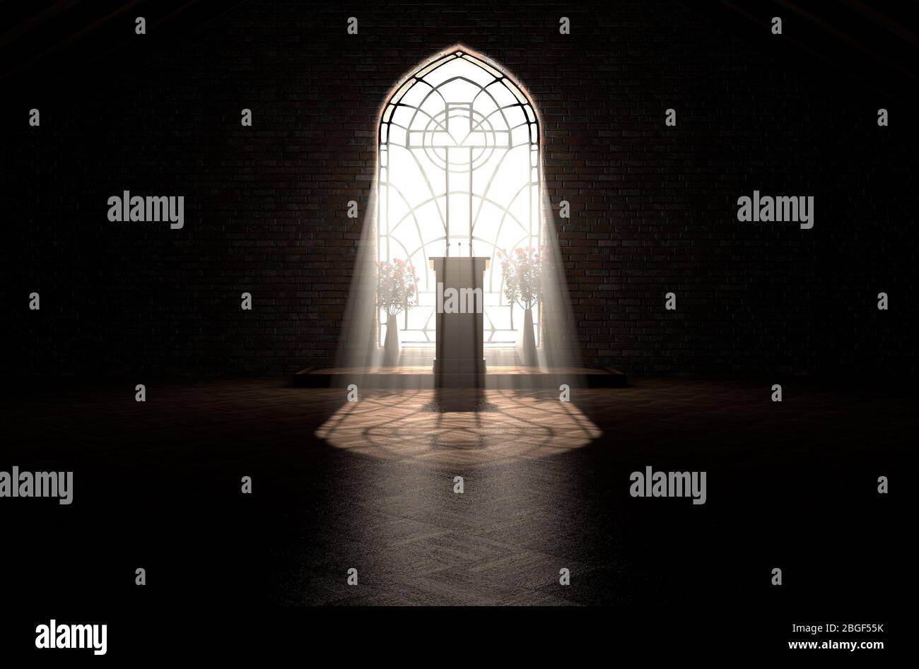 A dark church interior lit by suns rays penetrating through a glass ...