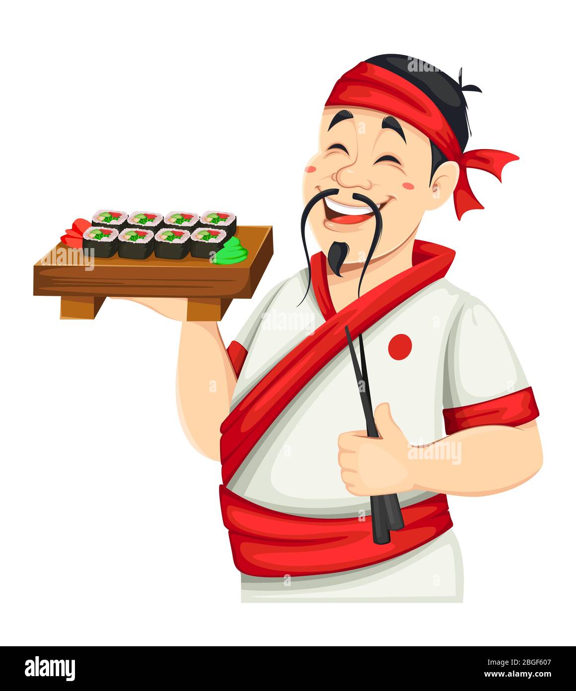 Asian chef preparing sushi. Handsome Japanese cook cartoon character ...
