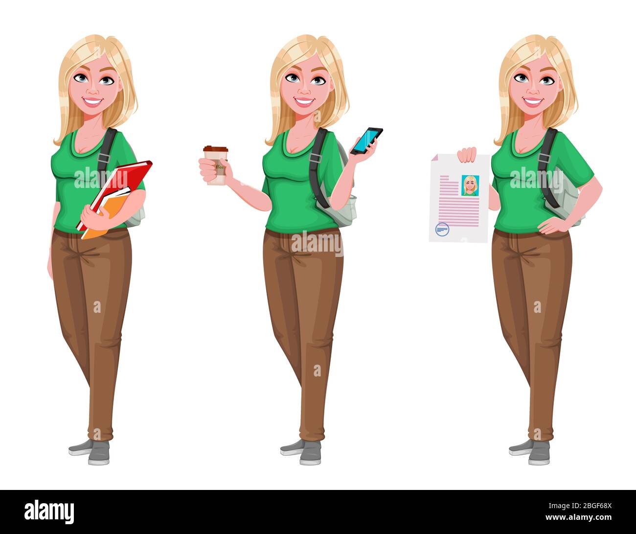 Young happy student girl, set of three poses. Cheerful female teenager ...