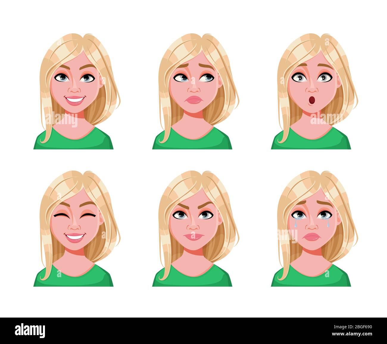 Face Expressions Of Cute Blonde Woman Different Female Emotions Set