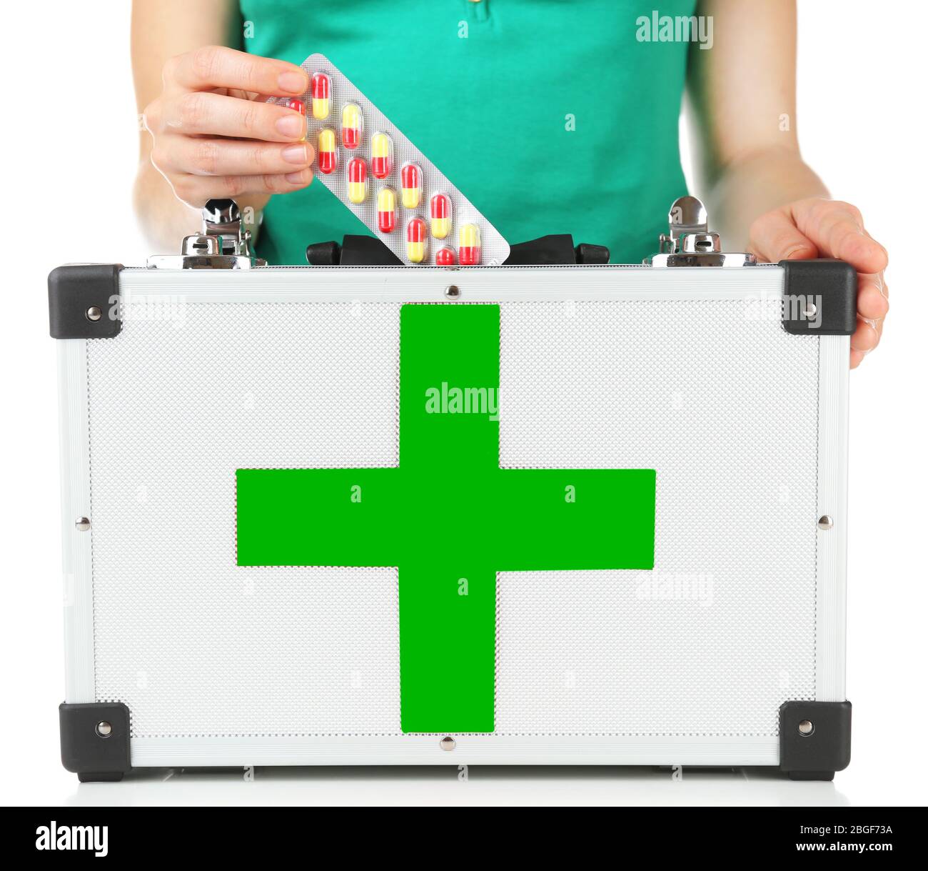 Woman holding first aid kit, isolated on white Stock Photo - Alamy