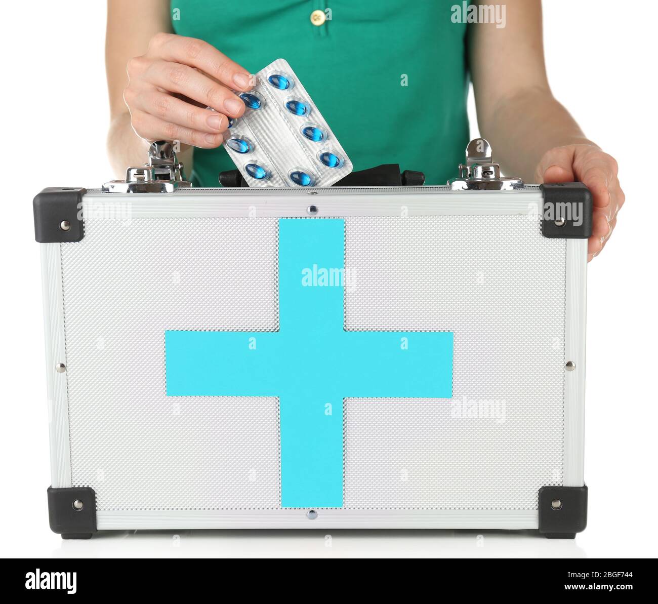 Woman holding first aid kit, isolated on white Stock Photo - Alamy