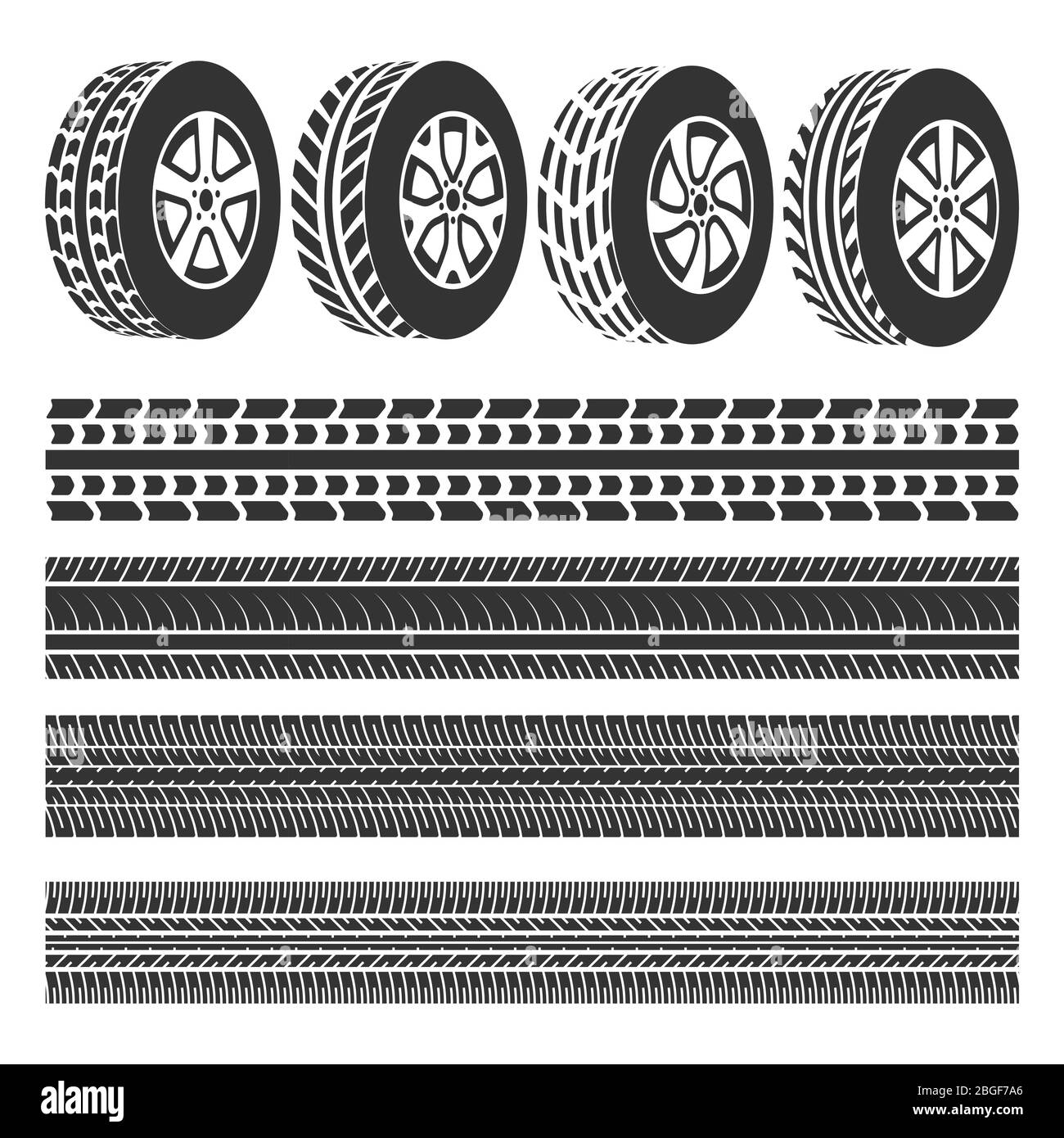Tire shop, tire tracks set vector isolated on white background ...
