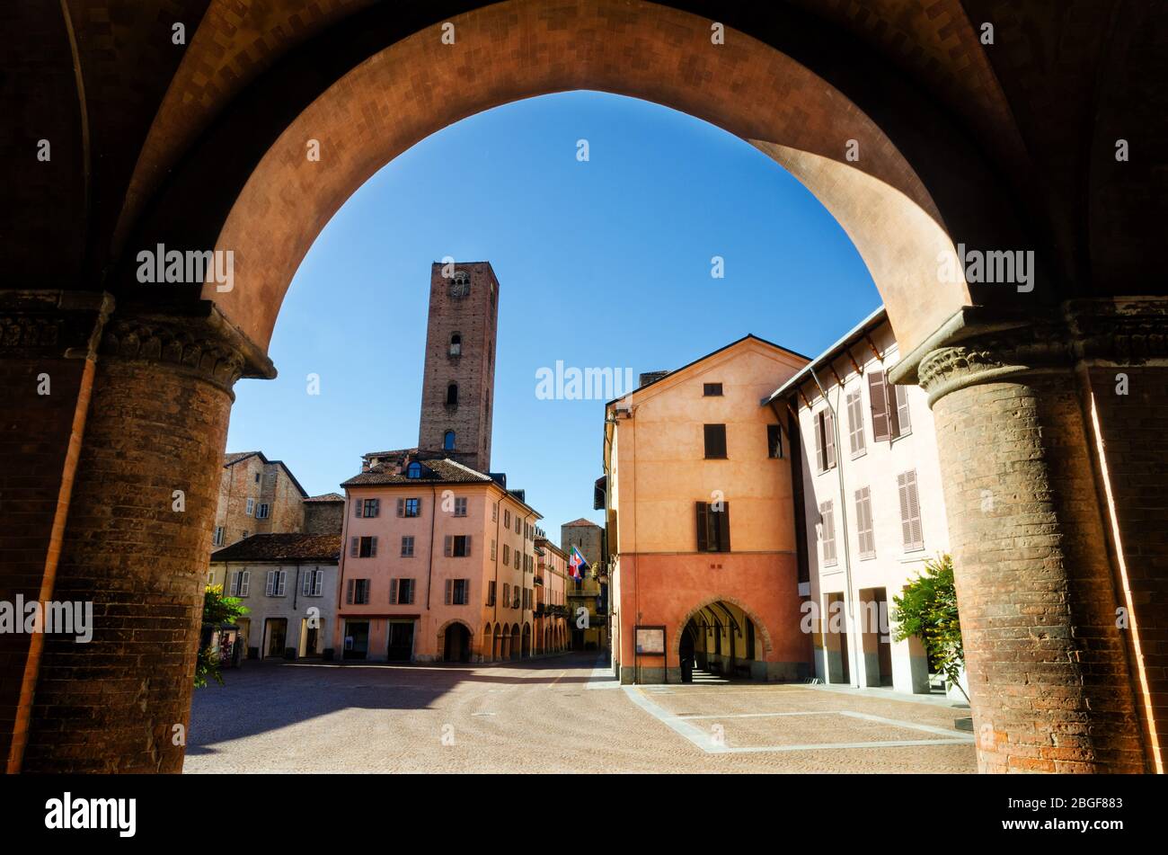 Piazza Risorgimento, main square of Alba (Piedmont, Italy) seen through ...