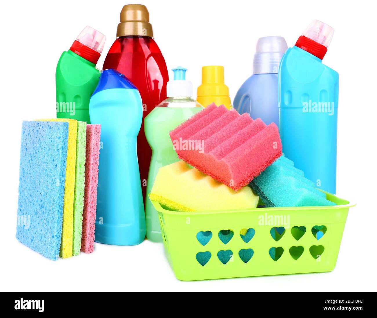 Cleaning products isolated on white Stock Photo - Alamy