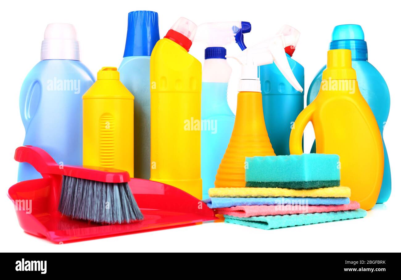 Cleaning products isolated on white Stock Photo - Alamy