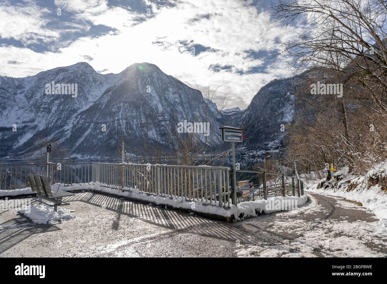 Bench outside railway station of Hallstatt to ferry station to ...
