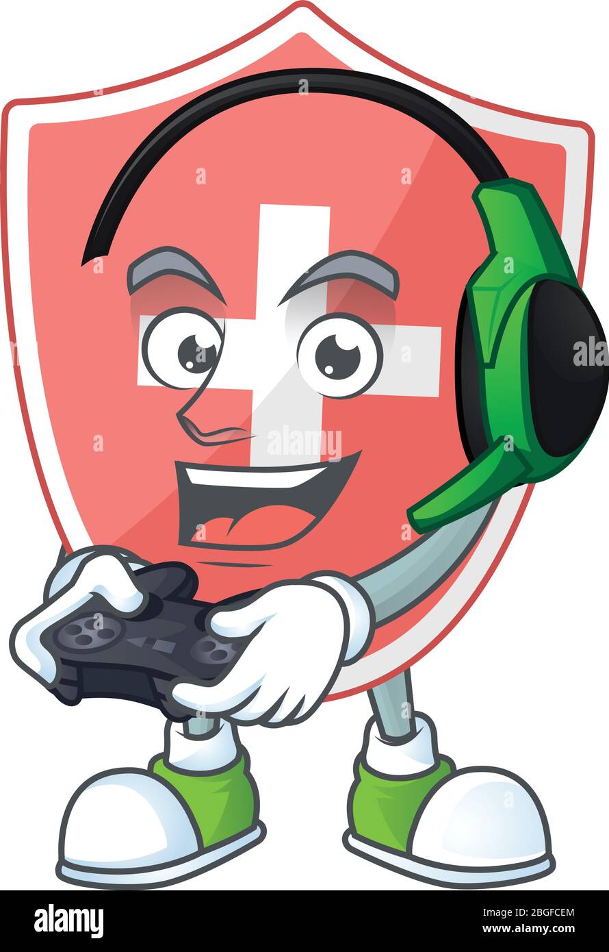 A cartoon design of medical shield talented gamer play with headphone ...