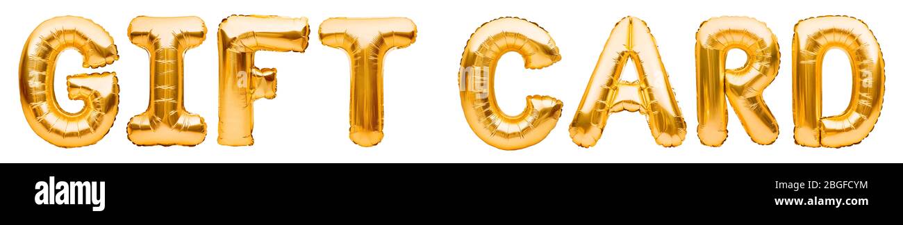 Golden words GIFT CARD made of inflatable balloons isolated on white ...