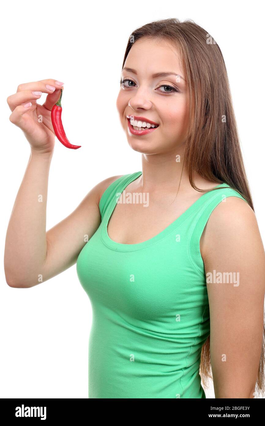 Beautiful girl with chili pepper, isolated on white Stock Photo - Alamy
