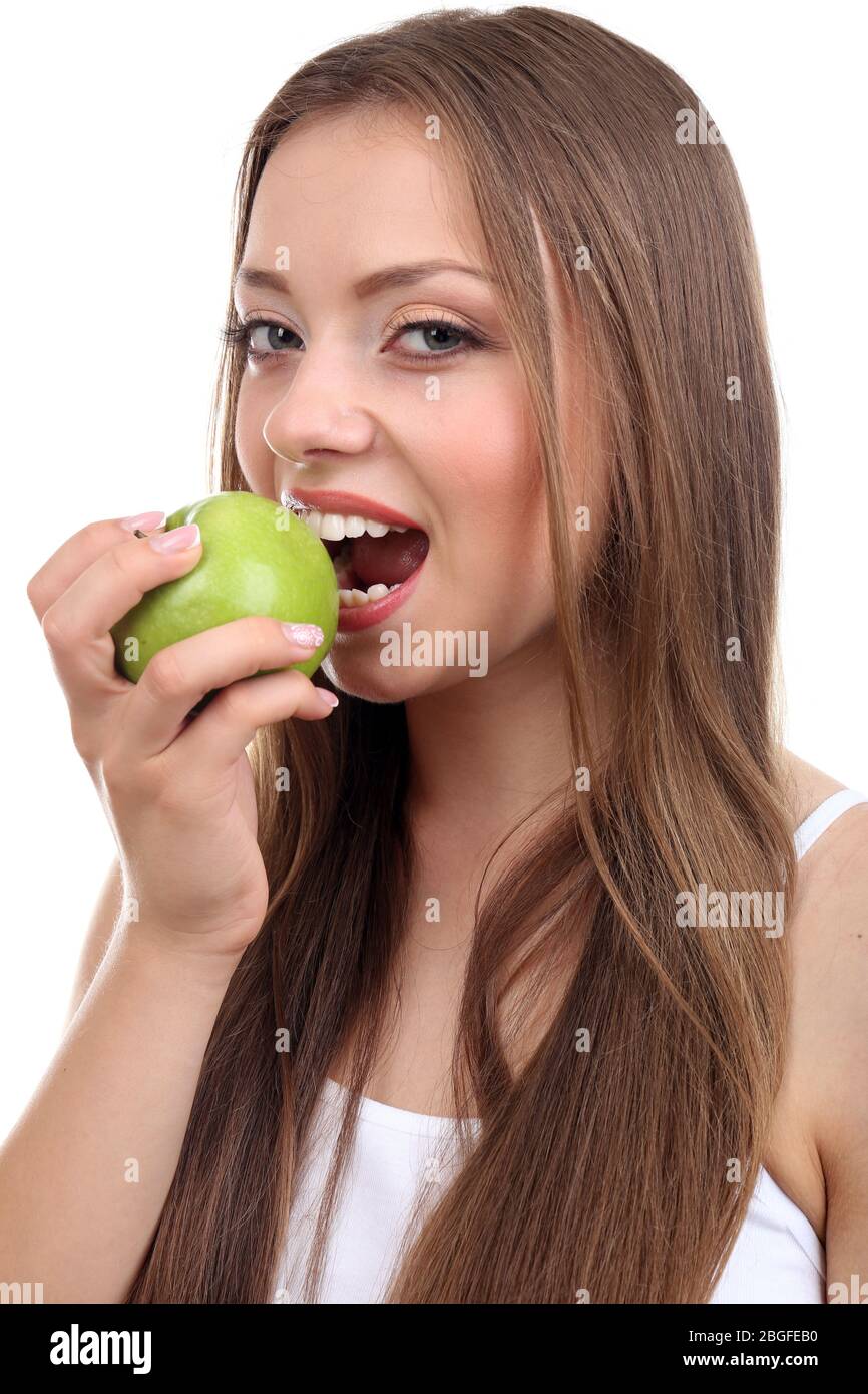Beautiful girl with green apple, isolated on white Stock Photo - Alamy