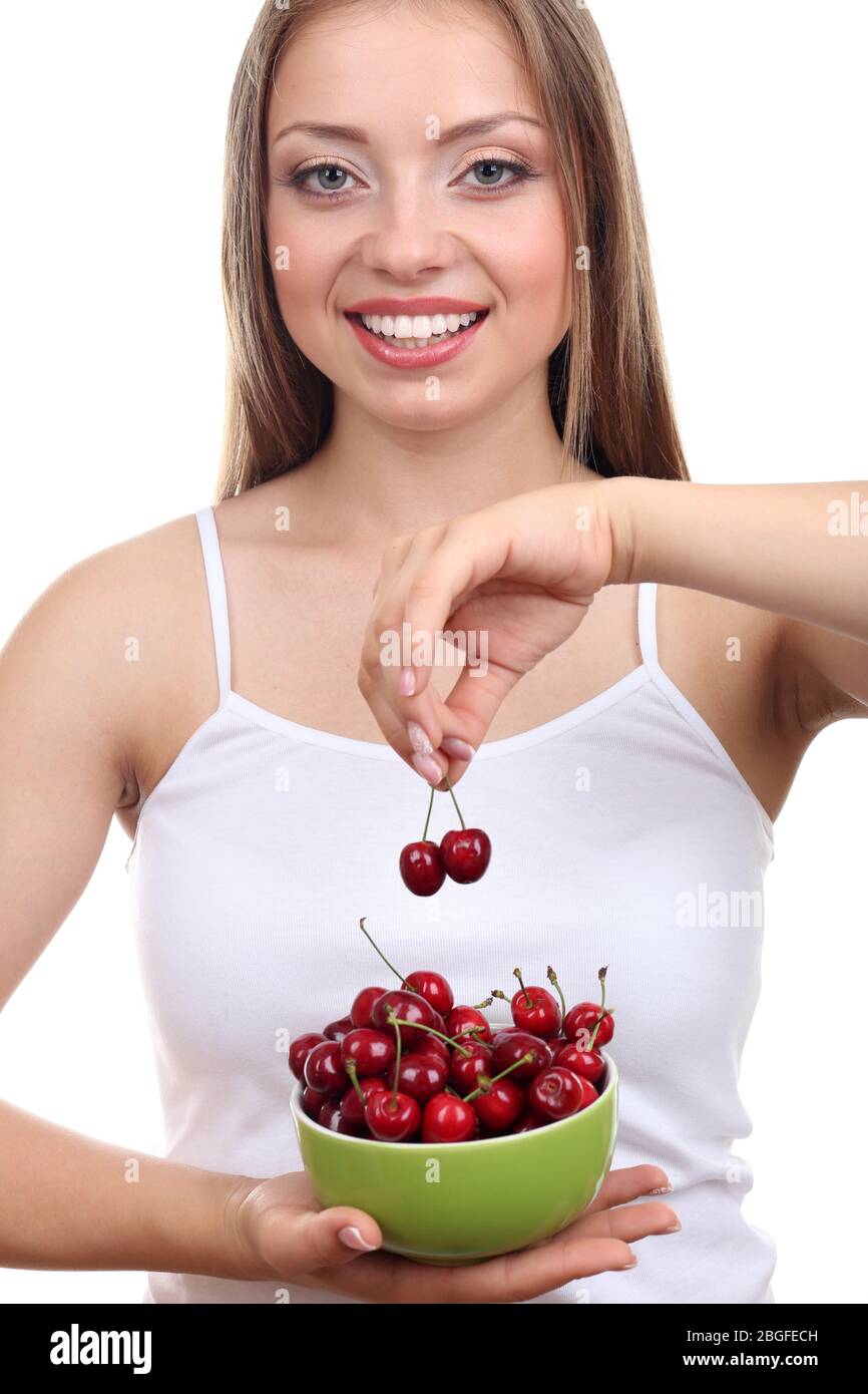 Beautiful girl with cherry, isolated on white Stock Photo - Alamy