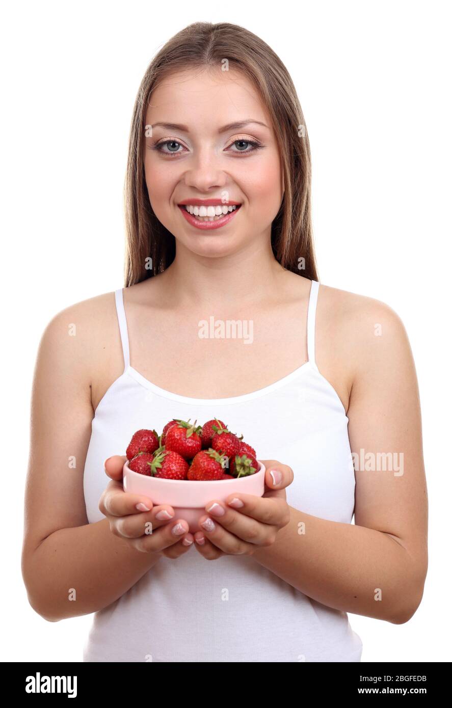 Beautiful girl with strawberry, isolated on white Stock Photo - Alamy