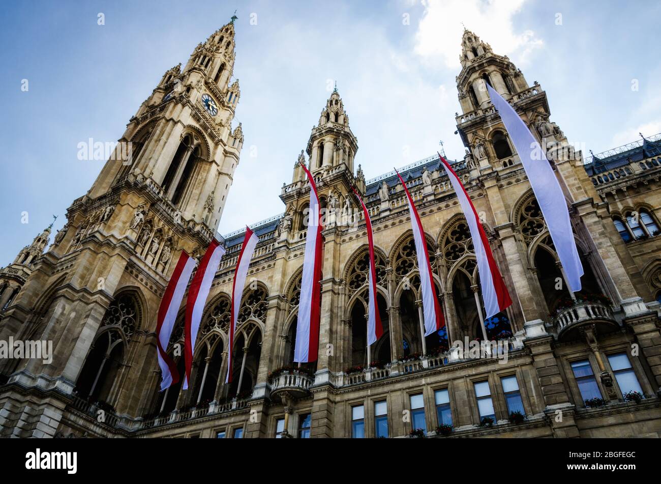 The Wiener Rathaus (Vienna City Hall, Austria) at sunset, with austrian ...