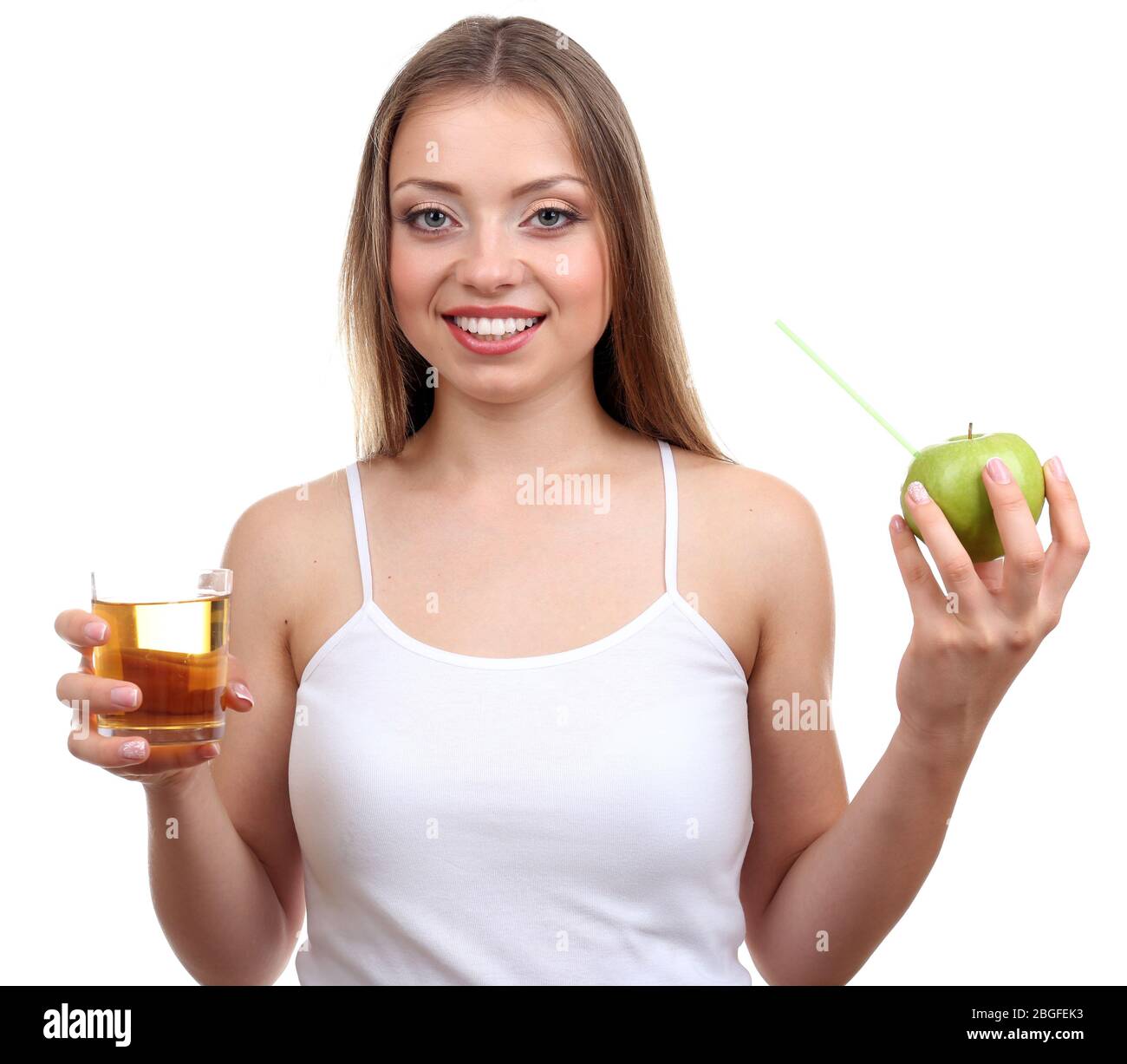 Beautiful girl with juice, isolated on white Stock Photo - Alamy
