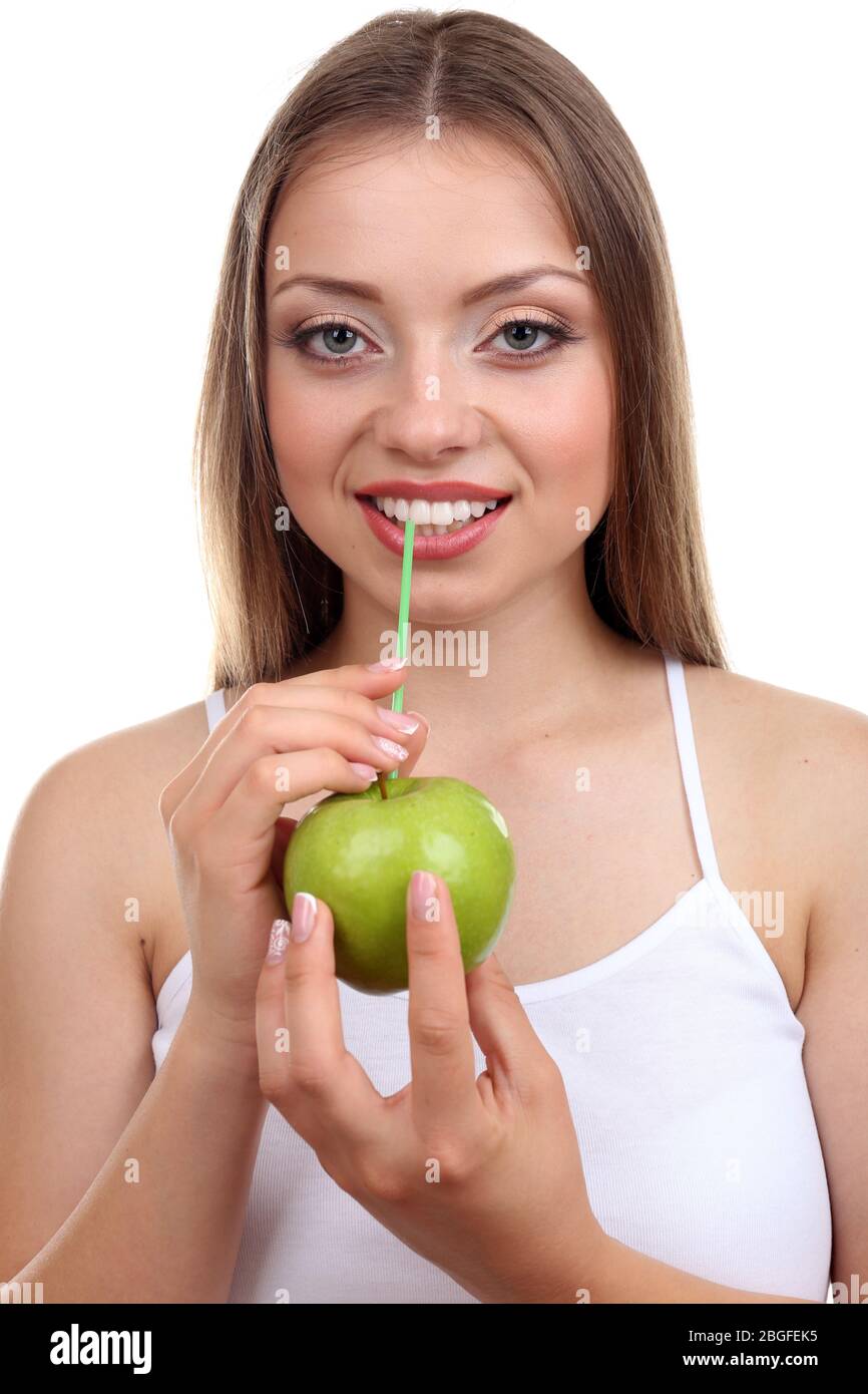 Beautiful girl with juice, isolated on white Stock Photo - Alamy