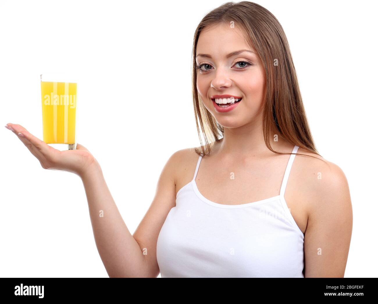 Beautiful girl with juice, isolated on white Stock Photo - Alamy