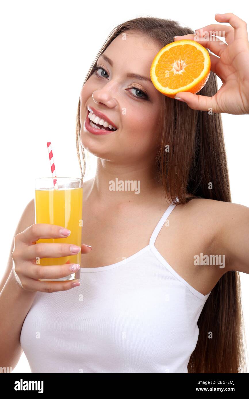 Beautiful girl with juice, isolated on white Stock Photo - Alamy