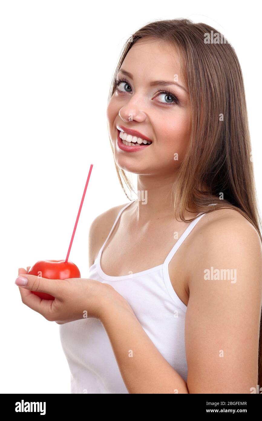 Beautiful girl with juice, isolated on white Stock Photo - Alamy