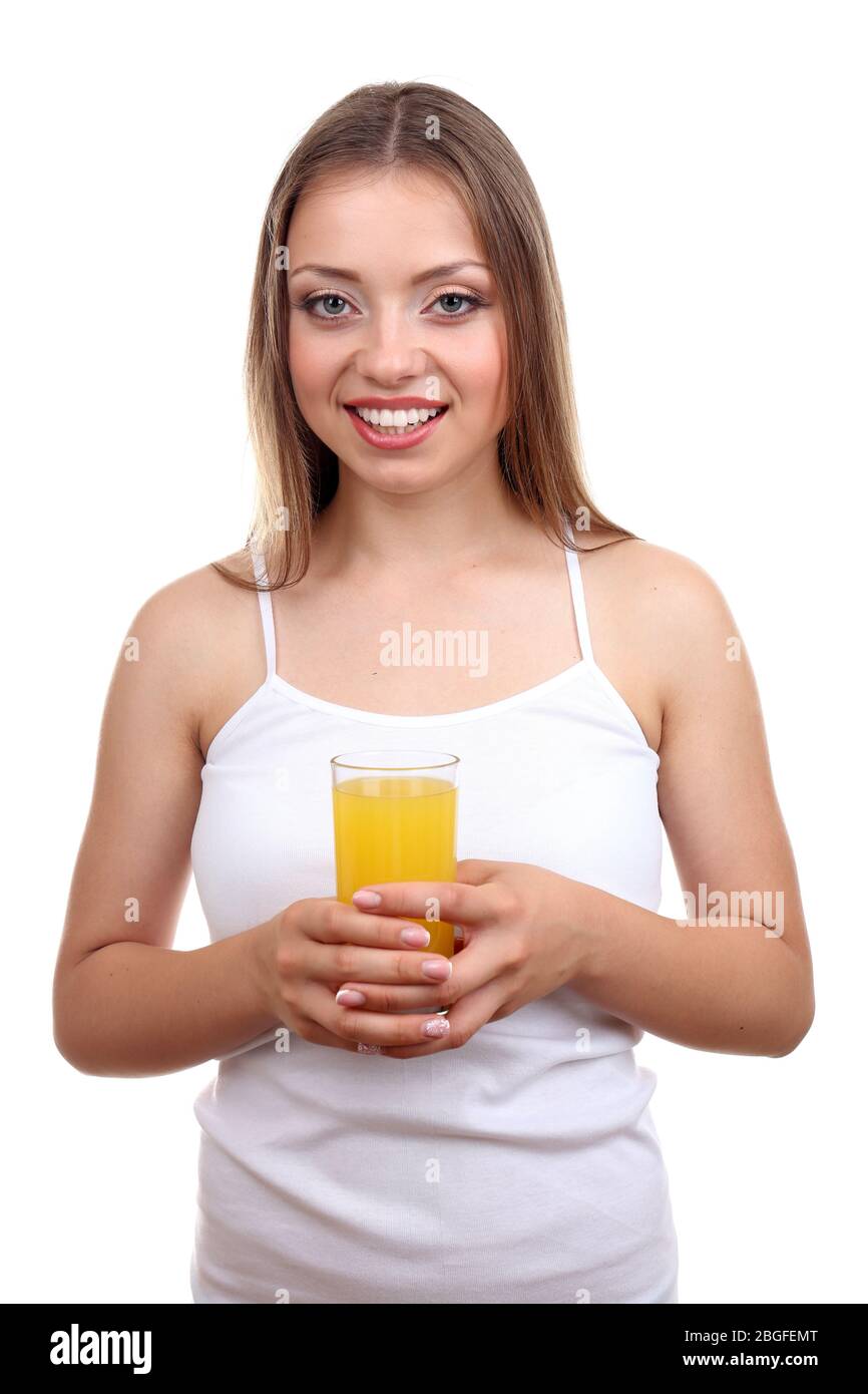 Beautiful girl with juice, isolated on white Stock Photo - Alamy