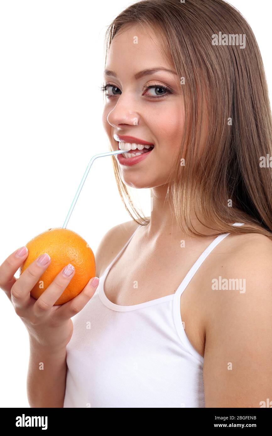 Beautiful girl with juice, isolated on white Stock Photo - Alamy