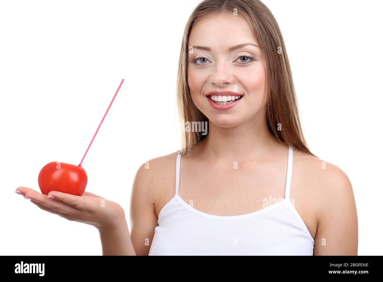 Beautiful girl with juice, isolated on white Stock Photo - Alamy