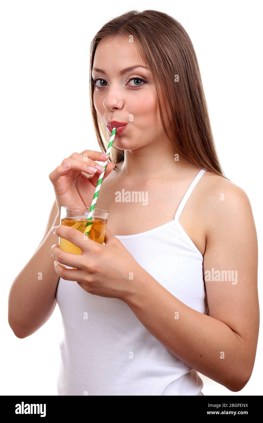 Beautiful girl with juice, isolated on white Stock Photo - Alamy