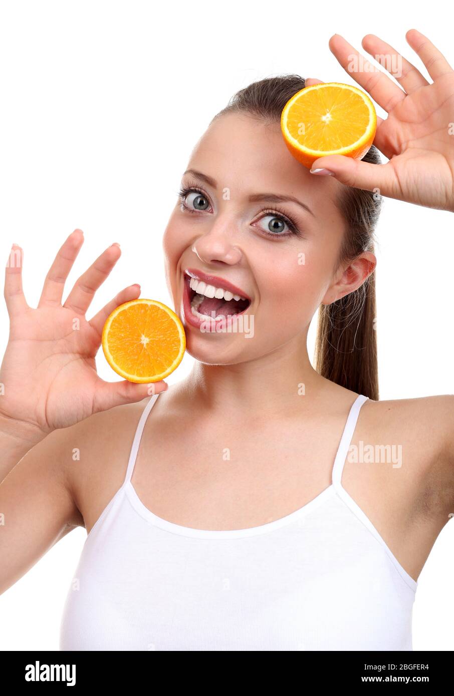Beautiful girl with orange, isolated on white Stock Photo - Alamy