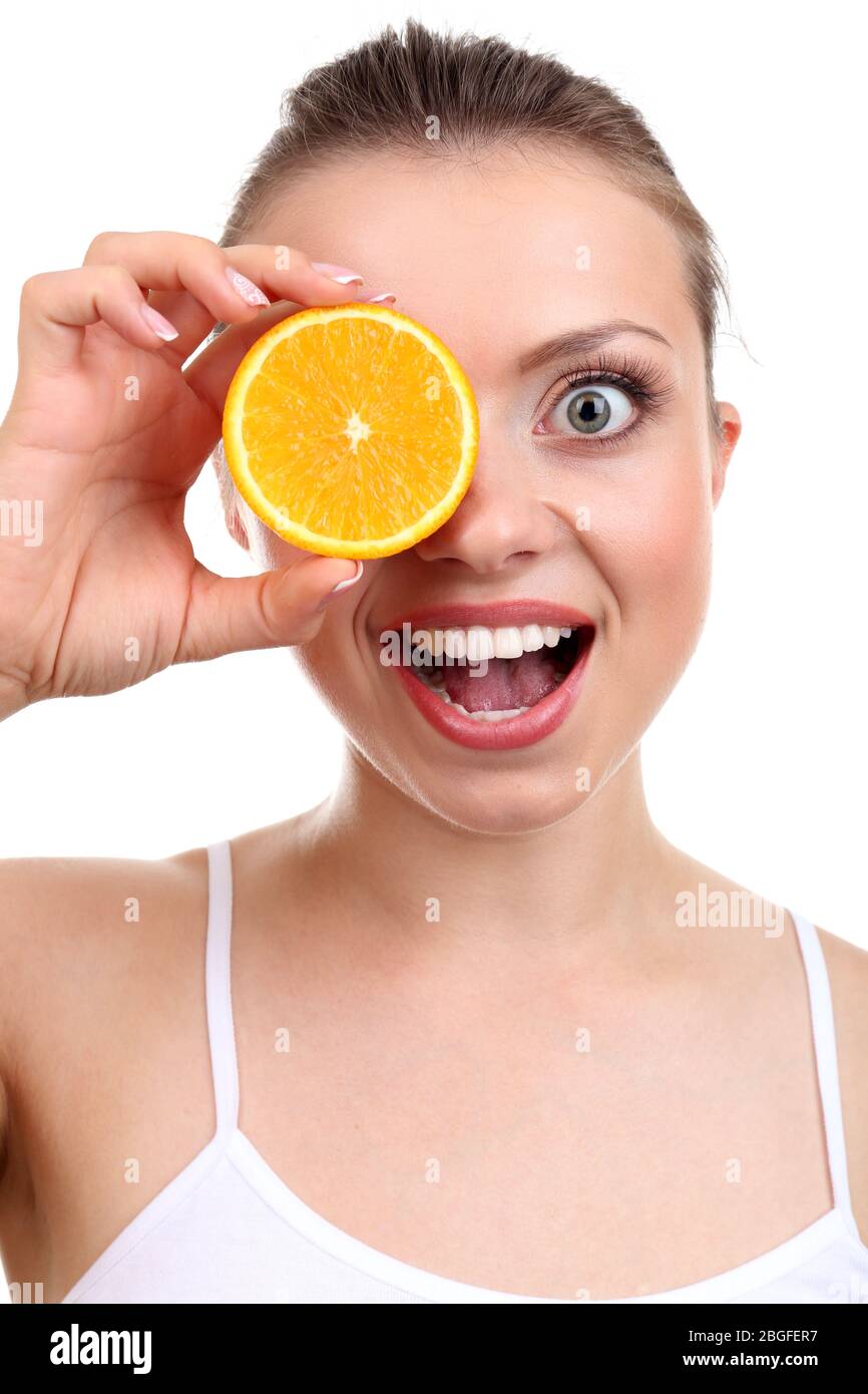 Beautiful girl with orange, isolated on white Stock Photo - Alamy