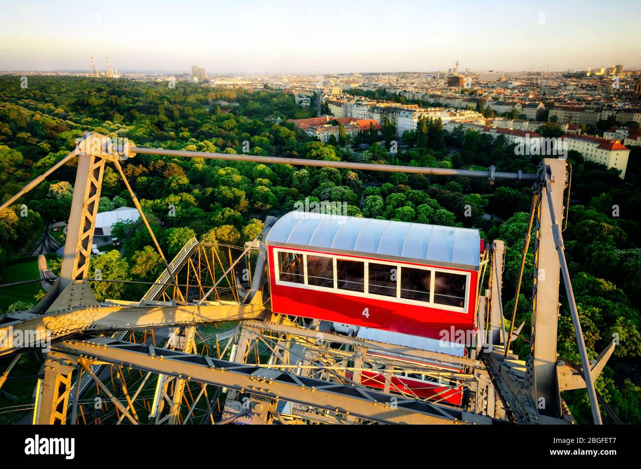 Sunset panorama of Vienna from the famous Prater Riesenrad, old giant ...