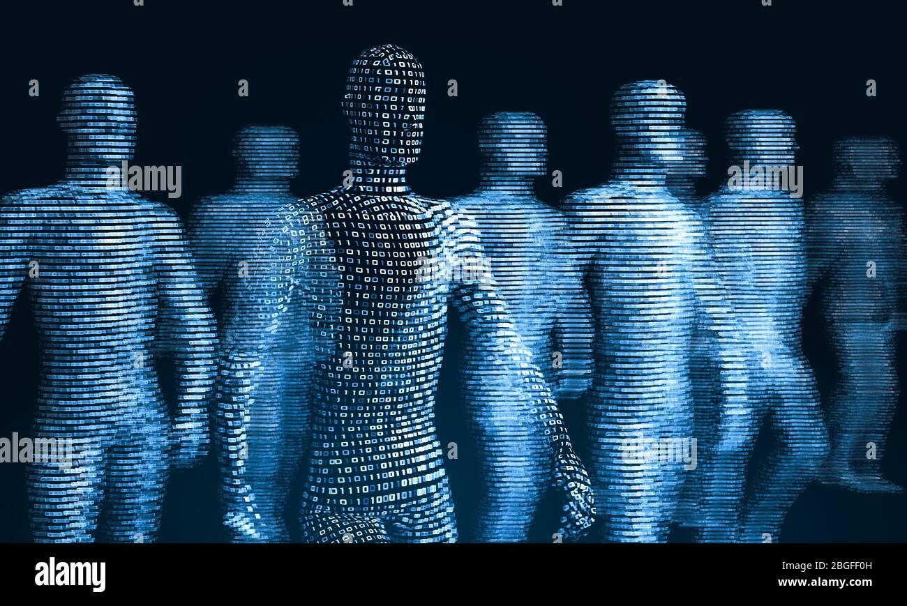 crowd of walking digital people. The concept of the symbiosis of man ...
