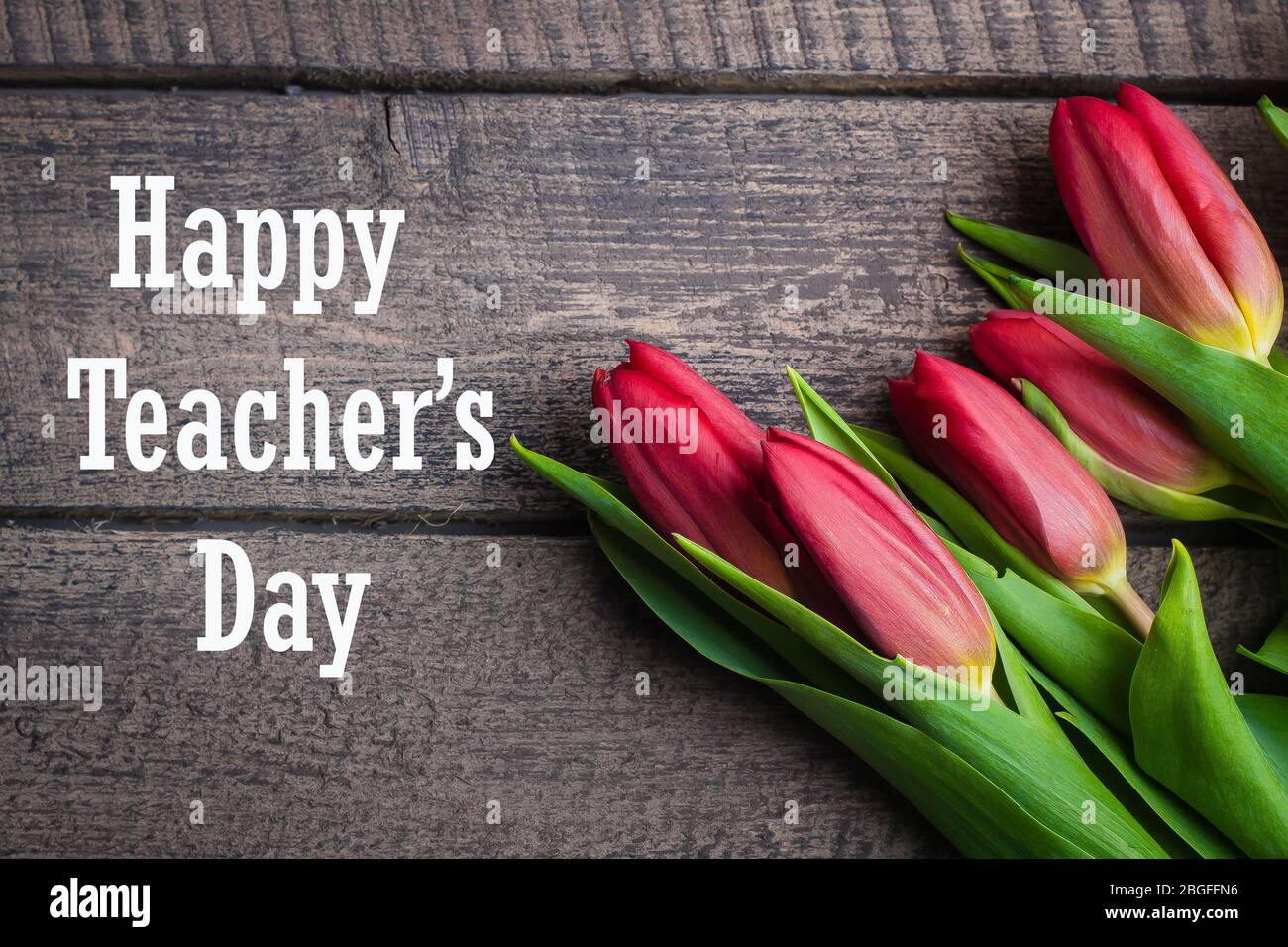Happy Teacher's Day Card Concept. Spring tulips flowers on a old wooden ...