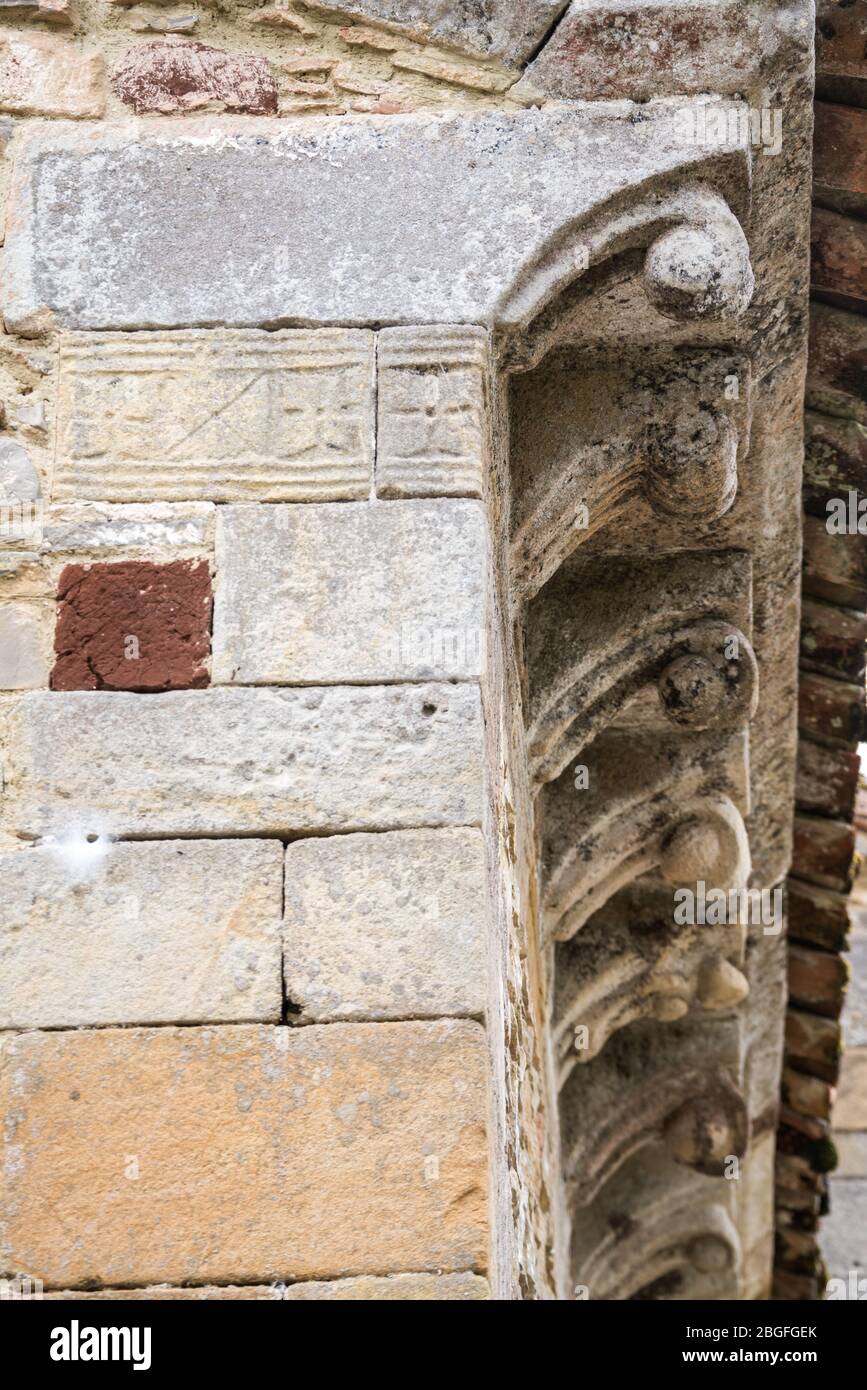 Eave of Romanesque church San Andrés de Valdebárzana, Asturias, Spain ...