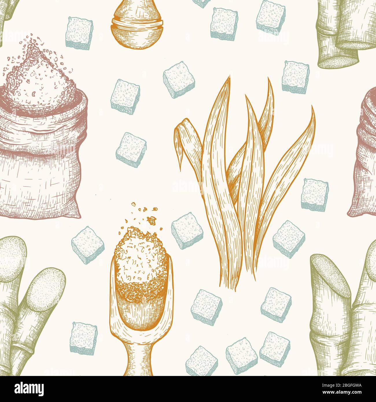 Seamless pattern of sugarcane: cane sugar and sugarcane. Vector hand ...