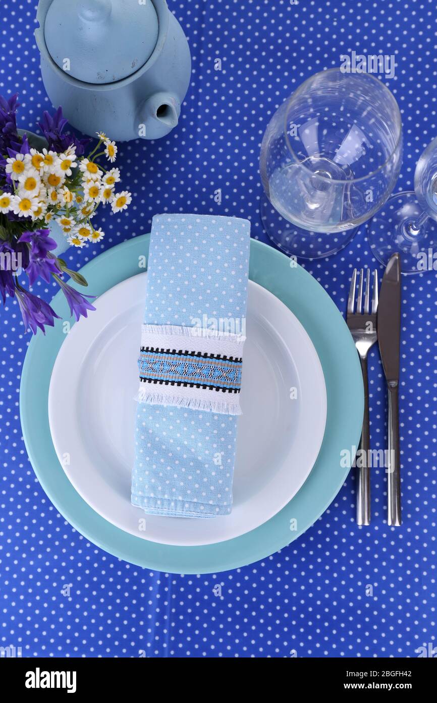 Blue table setting close-up Stock Photo - Alamy