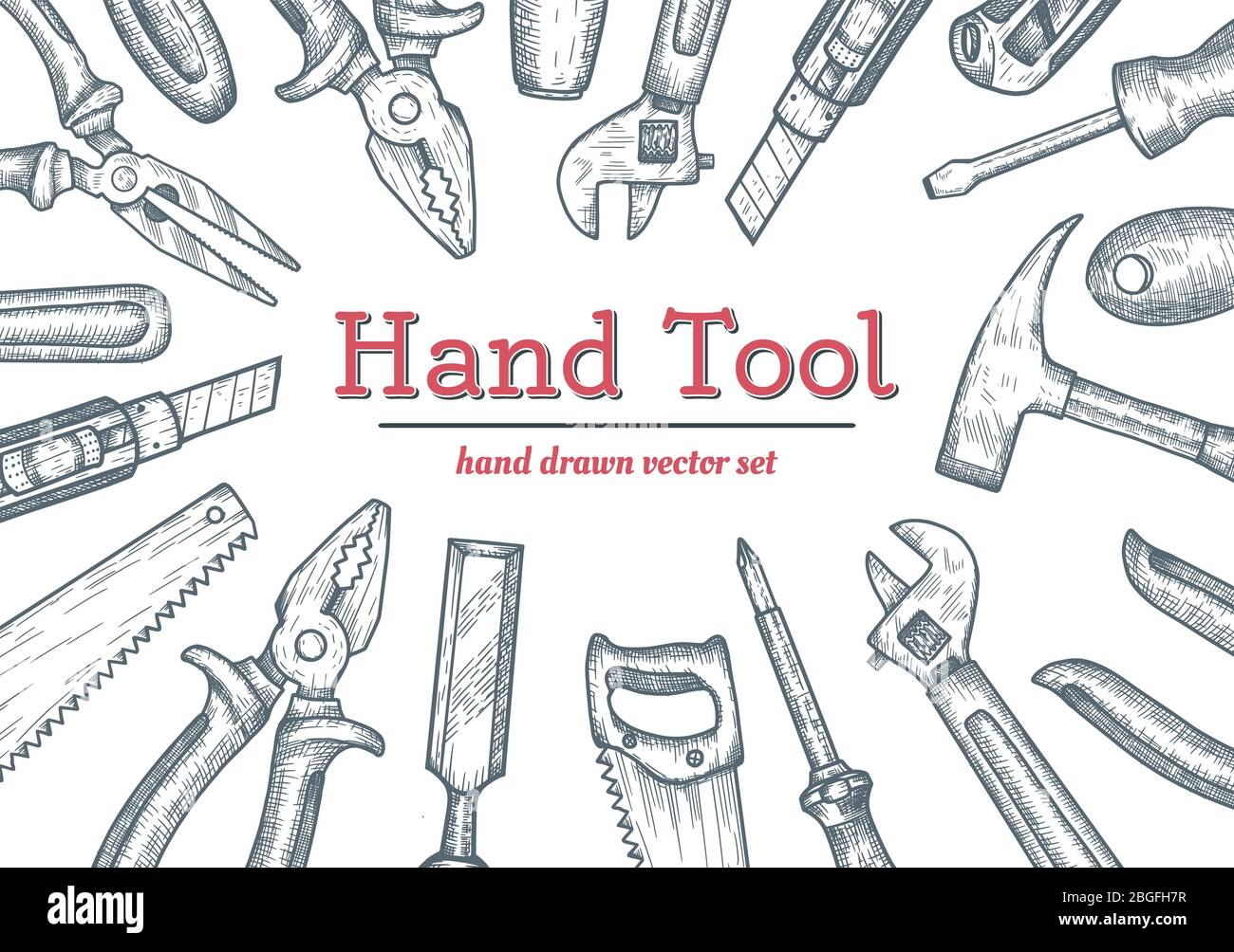 Hand tools top view frame. Collection of hand drawn engraved graphic ...