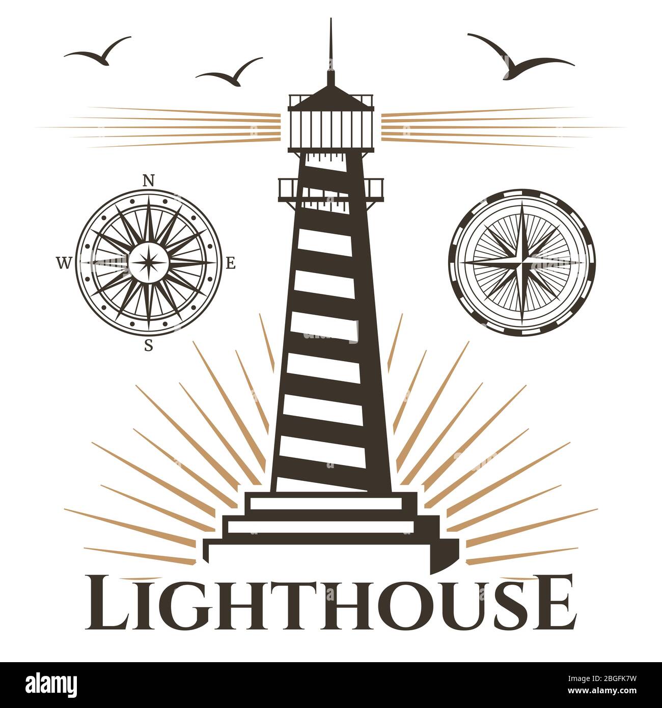 Sea nautical lighthouse and vintage compasses emblem and logo label ...