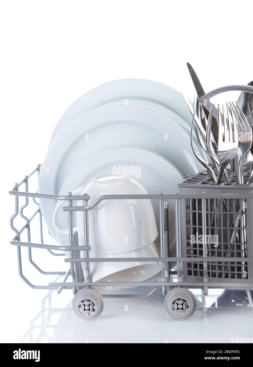 Clean dishes drying on metal dish rack, isolated on white Stock Photo ...