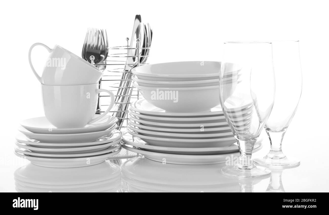 Clean dishes isolated on white Stock Photo - Alamy