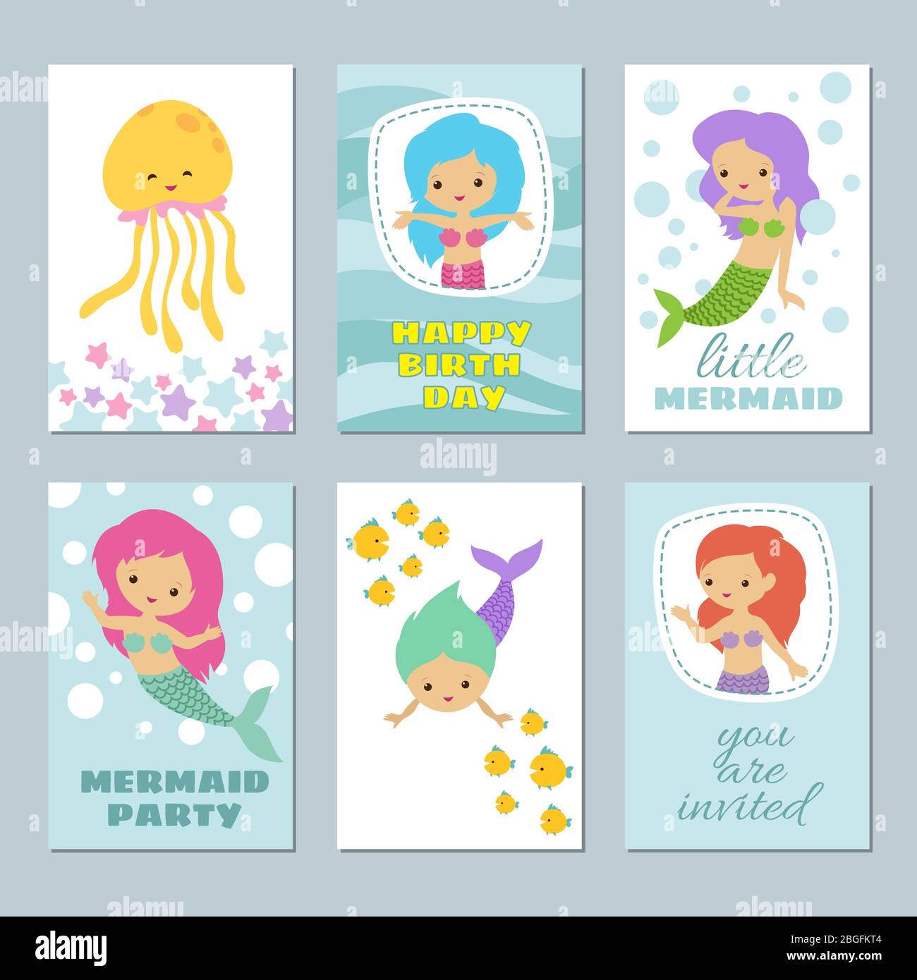 Pretty baby mermaids birthday greeting card vector templates. Mermaid ...