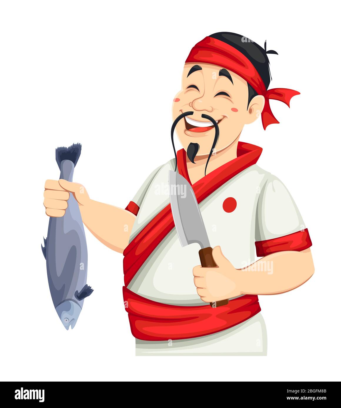 Asian chef holding fish and knife. Handsome Japanese cook cartoon ...
