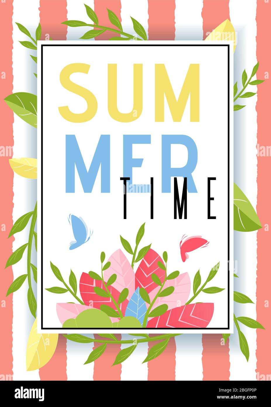 Summer Time Advertisement and Floating Butterflies in Frame with Plants ...