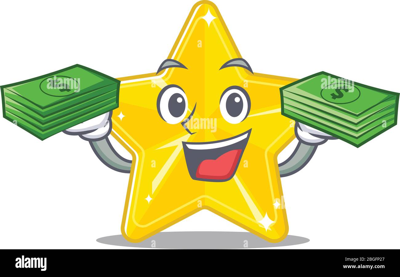 A wealthy shiny star cartoon character having money on hands Stock ...