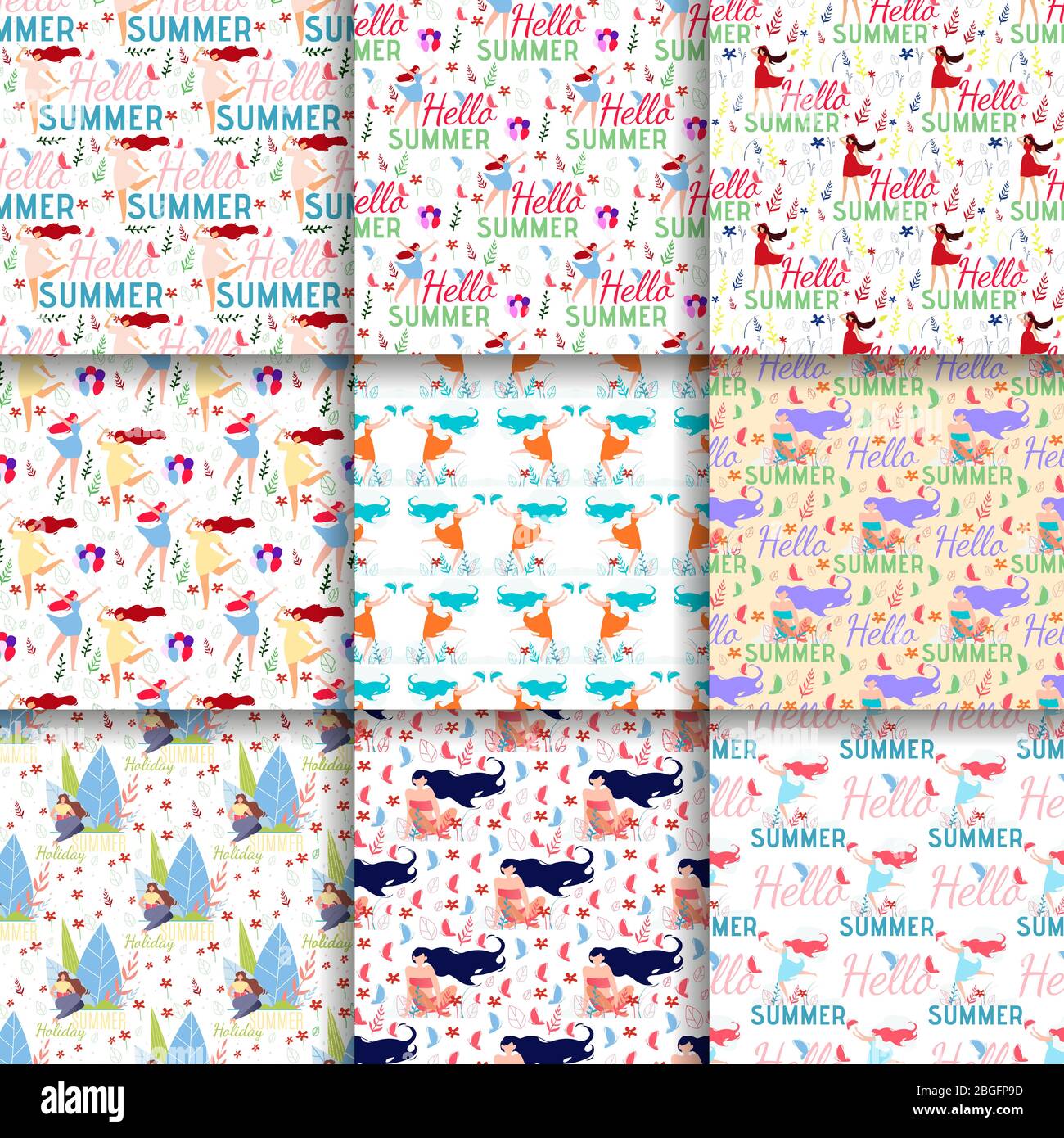 Natural Seamless Patterns Summer Mood Flat Backgrounds. Vector Colorful ...