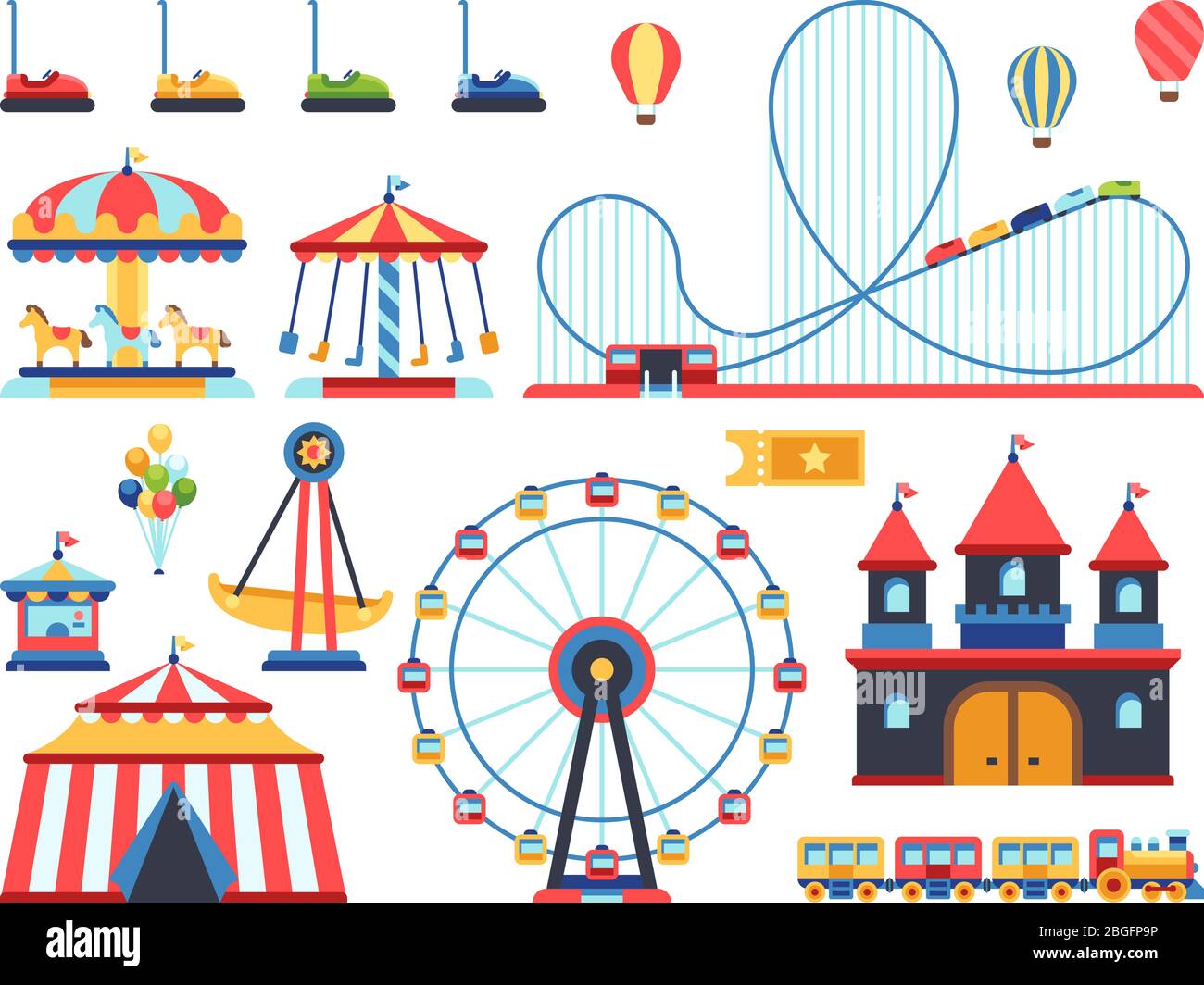 Amusement park attractions. Train, ferris wheel, carousel and roller ...